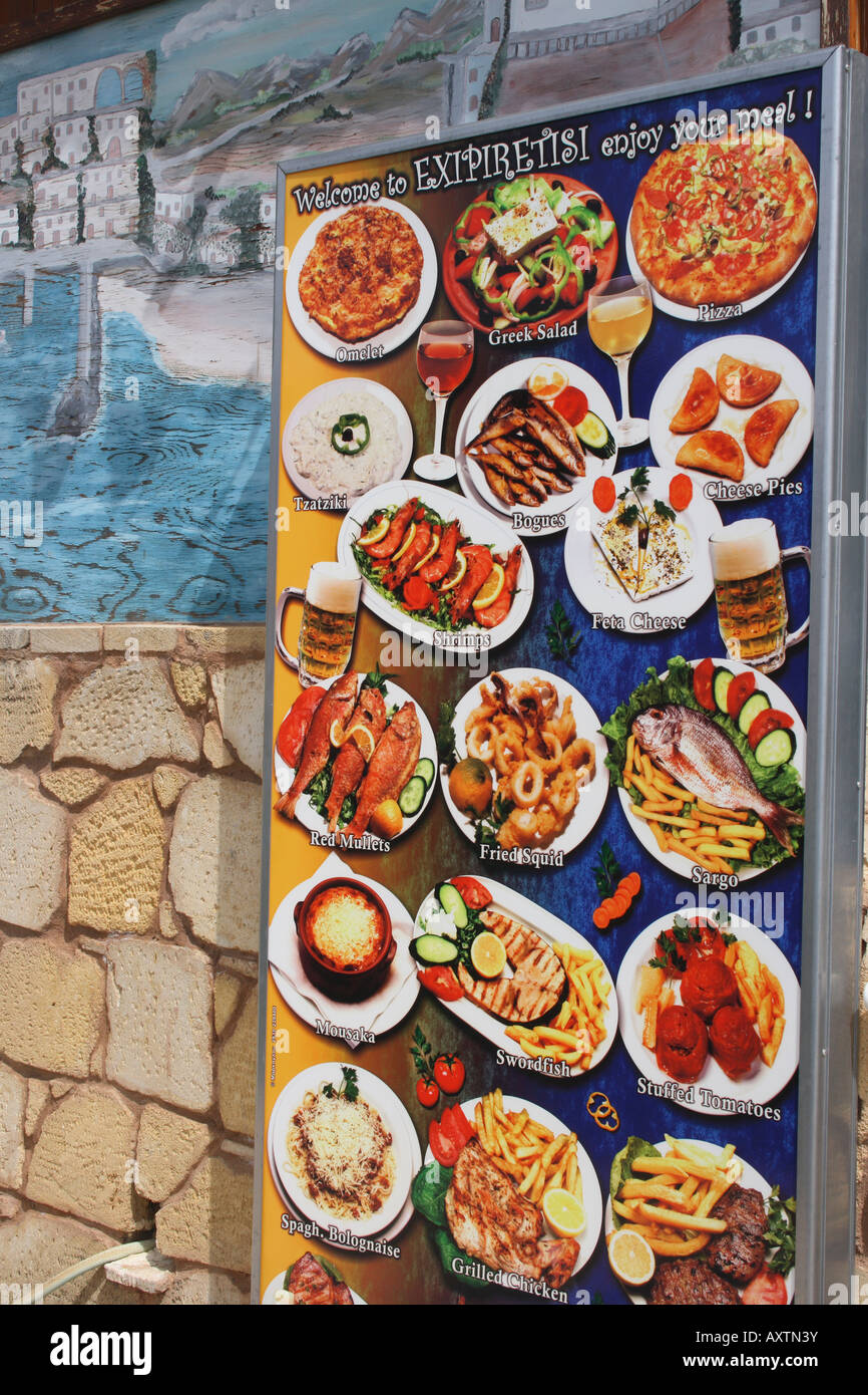 Greek Menu With Pictures Of Food At Restaurant Crete Greece Stock greek-menu-with-pictures-of-food-at-restaurant-crete-greece-stock