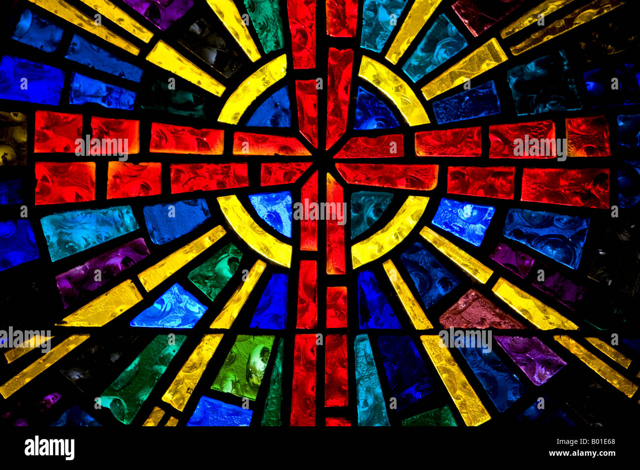 Cross Stained Glass Horizontal Window Above Altar In Christian Stock