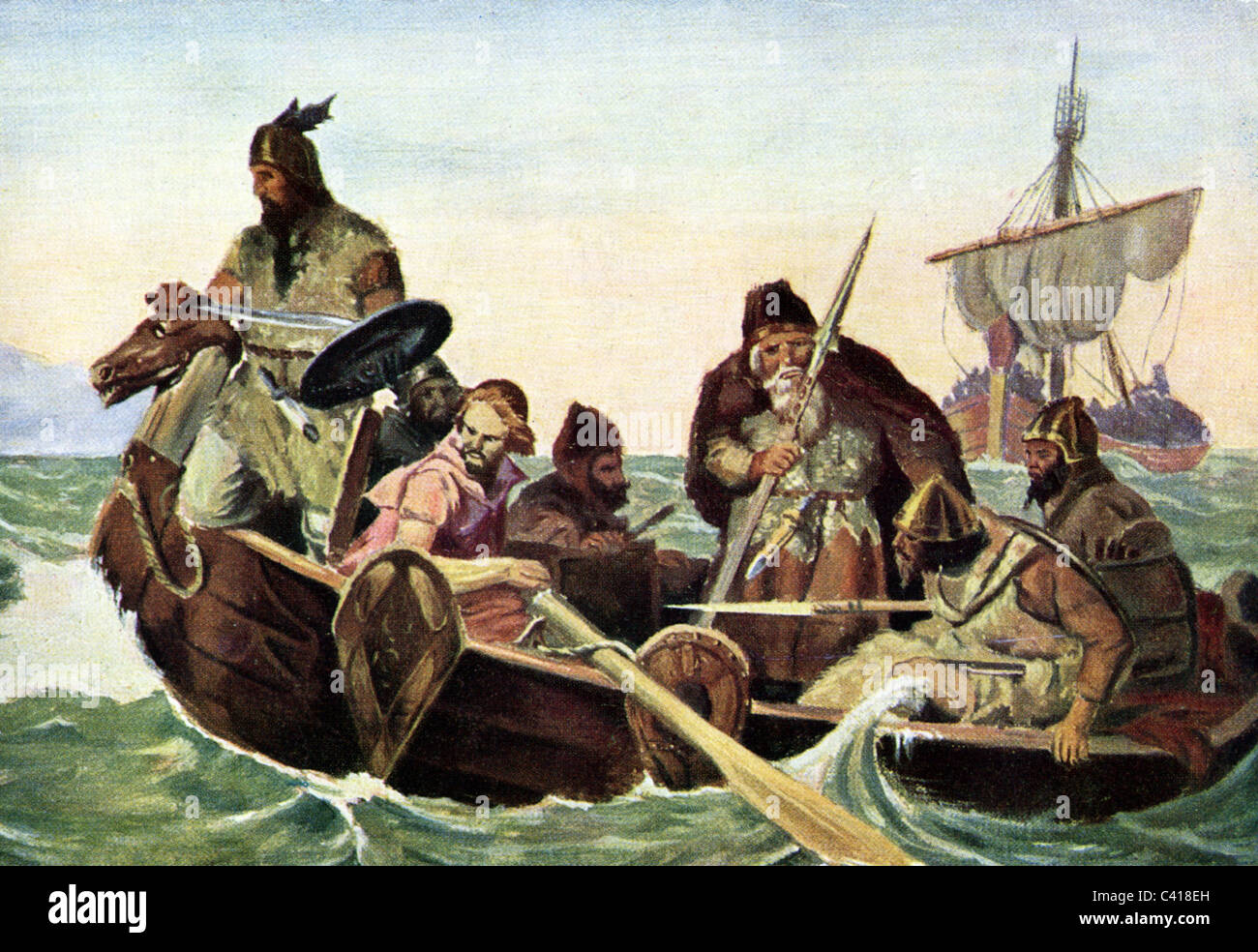 Middle Ages, Vikings, dinghy, after painting by O. Wergeland, 19th ...