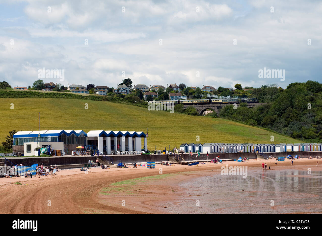 Broadsands beach and viaduct with steam train, BOATS, BLUE, SEA, SKY ...