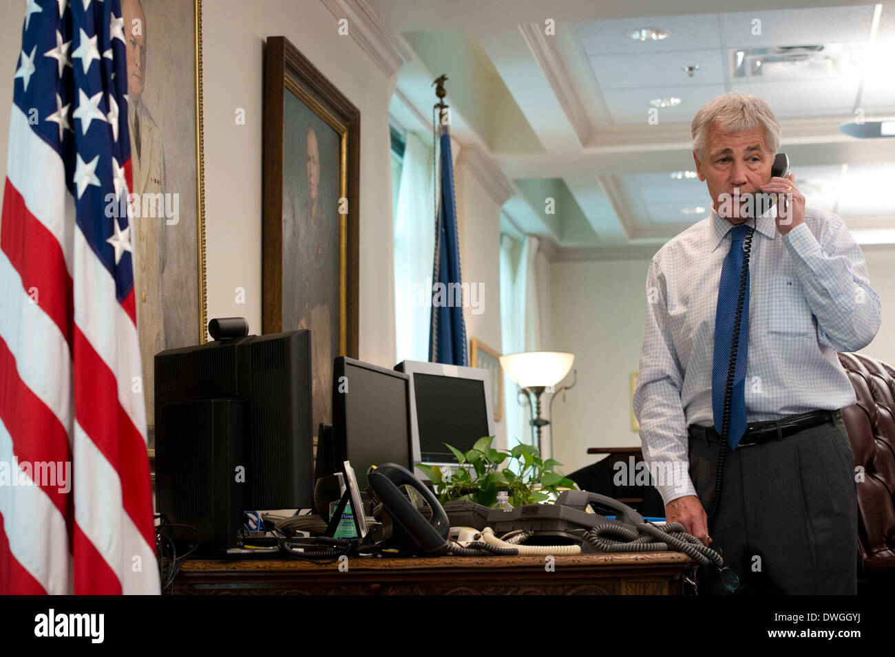 Us Secretary Of Defense Chuck Hagel Speaks On The Phone With The Stock