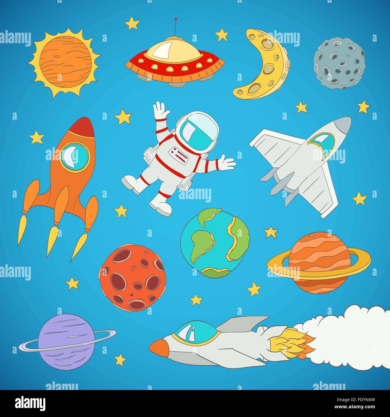 set of cartoon cute outer space astronaut, planets, rockets. vector ... set of cartoon cute outer space astronaut, planets, rockets. vector ...
