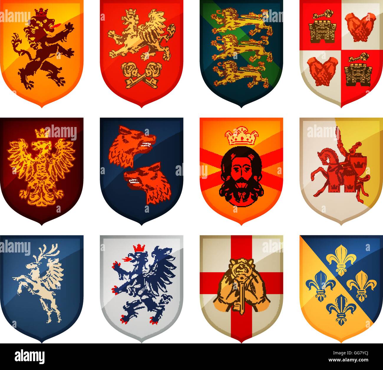 Royal Coat Of Arms On Shield Vector Logo Heraldry Blazonry Set Stock