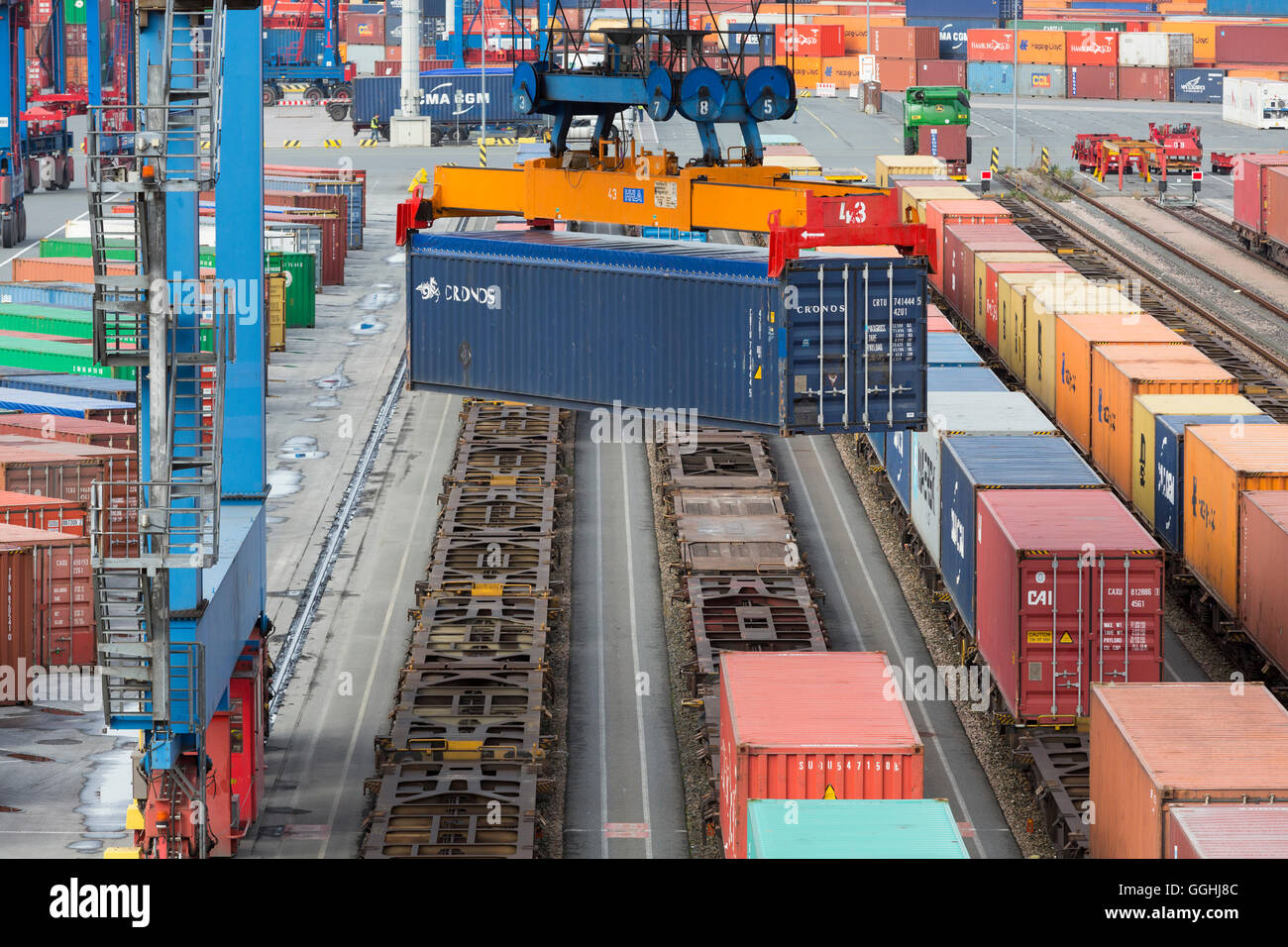 Gantry cranes for loading and unloading of freight train, Hamburg Stock ... Gantry cranes for loading and unloading of freight train, Hamburg Stock ...