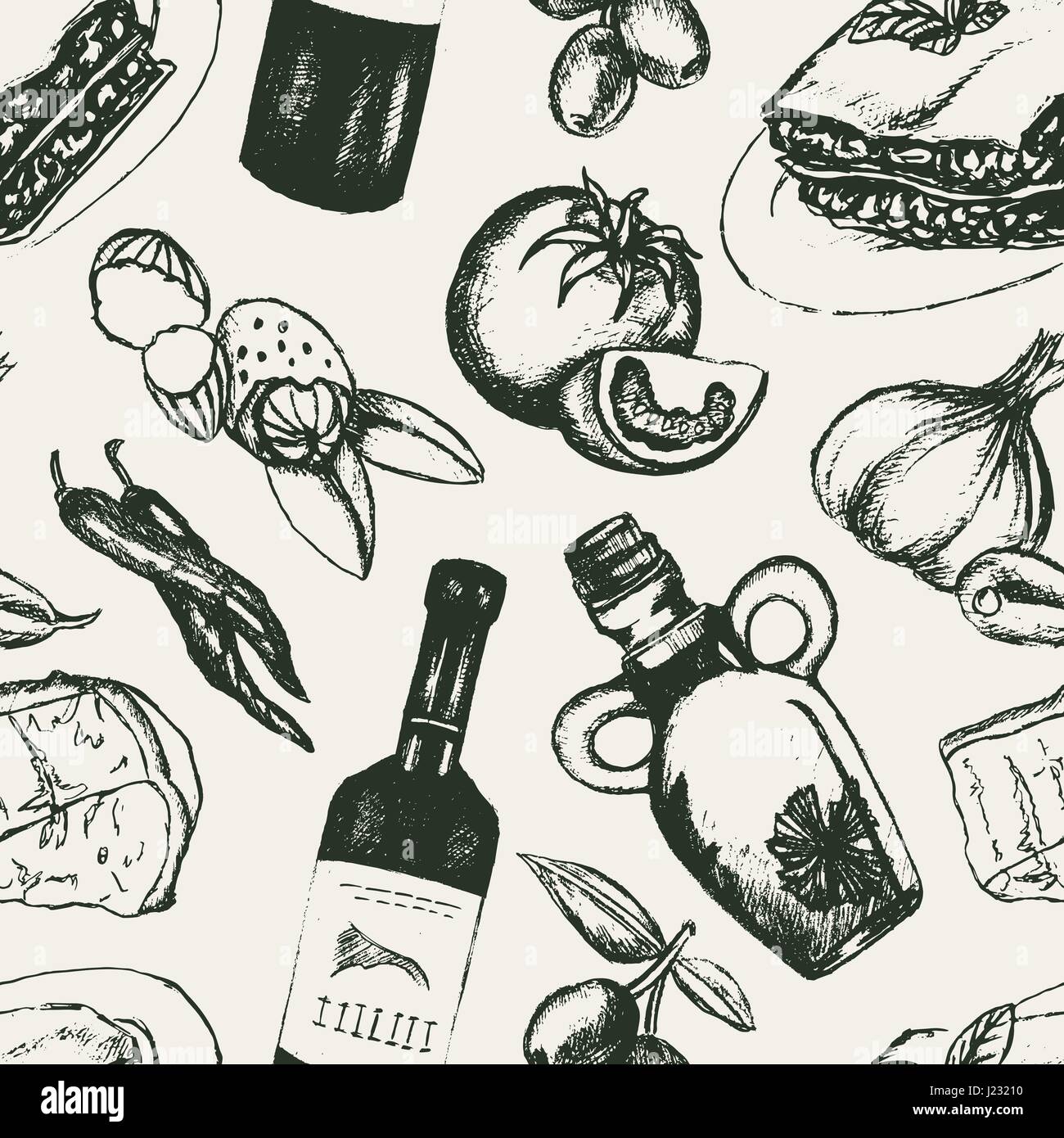 Italian Food Black And White Vector Hand Drawn Seamless Pattern Stock