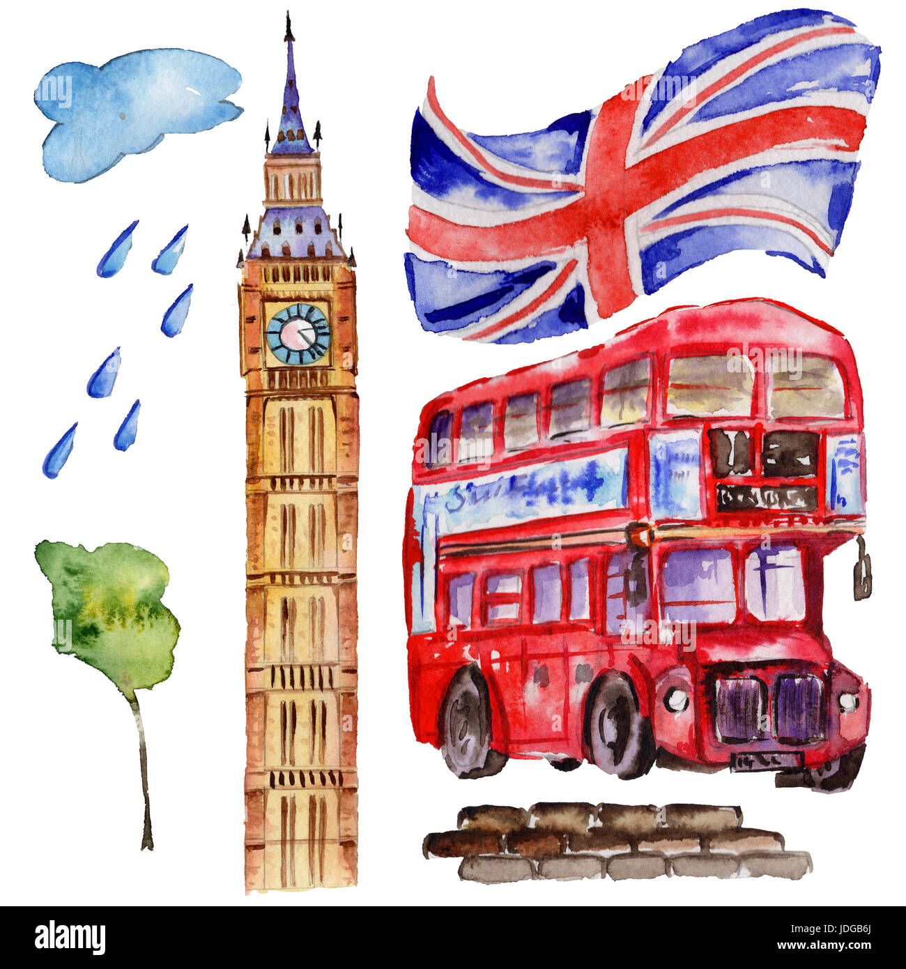 Watercolor London illustration. Great Britain hand drawn symbols Stock ...