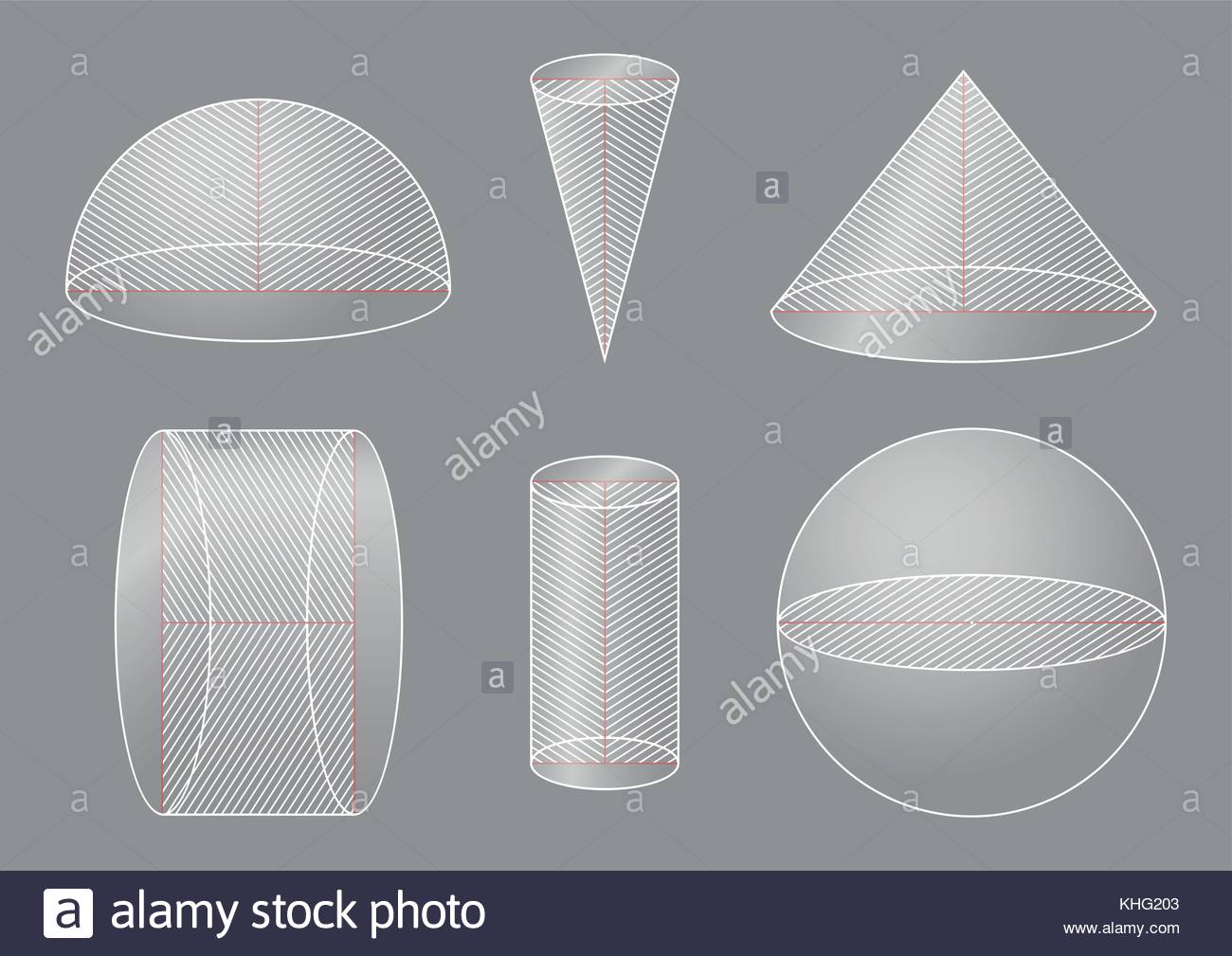 3d basic shapes. Sphere, hemisphere, cone, cylinder. Cross-section ...