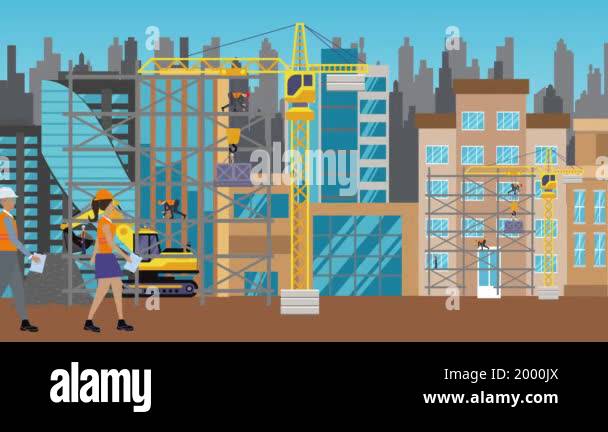 Construction site area, working on the edge of town with engineers and ...