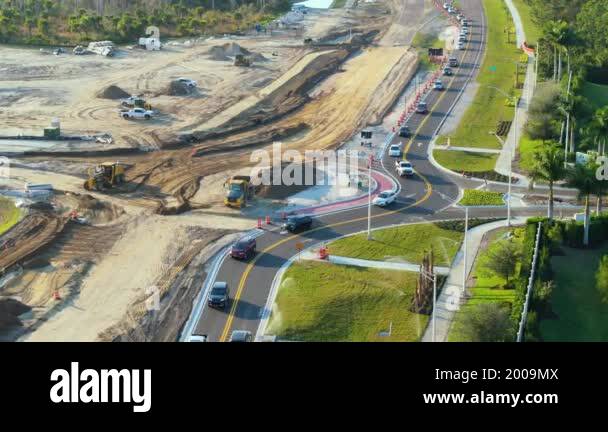 Aerial view of busy American highway road under construction ...