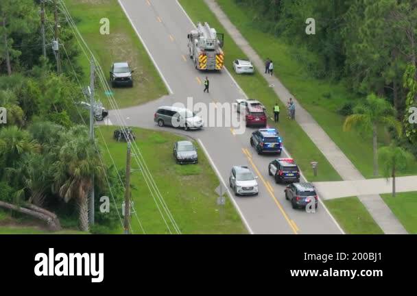 Top view of first responders at car accident site in Florida. Emergency ...