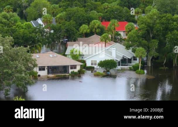 Flooded residential area with underwater houses from hurricane rainfall ...