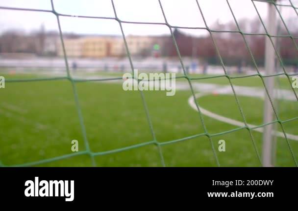 Movement of the football net on the goal during the season soccer goal ...