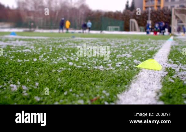 Marking the pitch before a football game, marker designation soccer ...