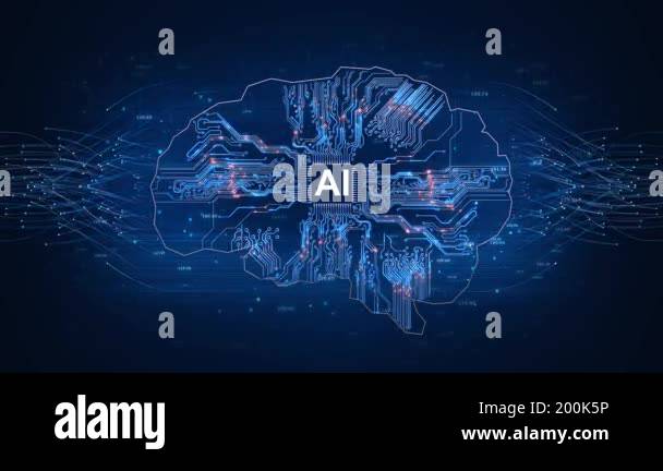 Artificial intelligence human brain animation. Futuristic circuit board. AI chip tech machine ...