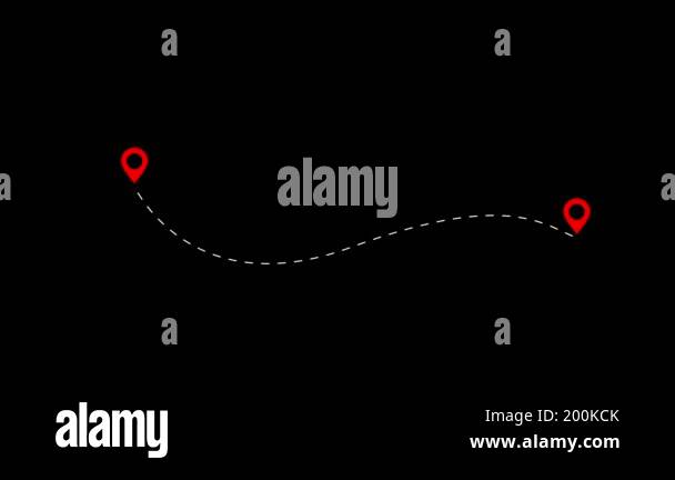 Dashed line curving across, connecting two red location pin icons ...