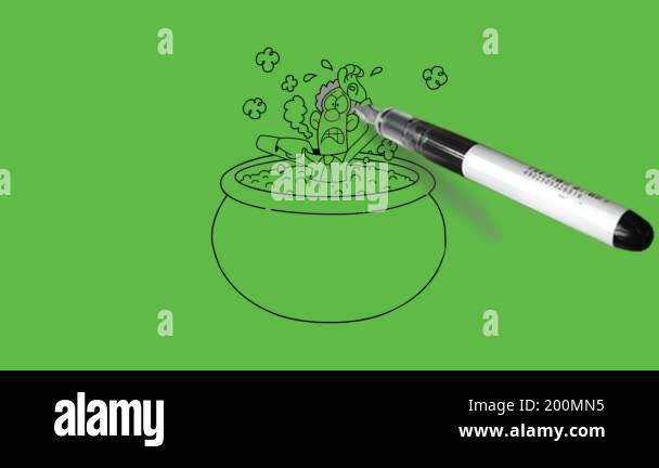 draw young man half drowned in green color liquid filled in round ...