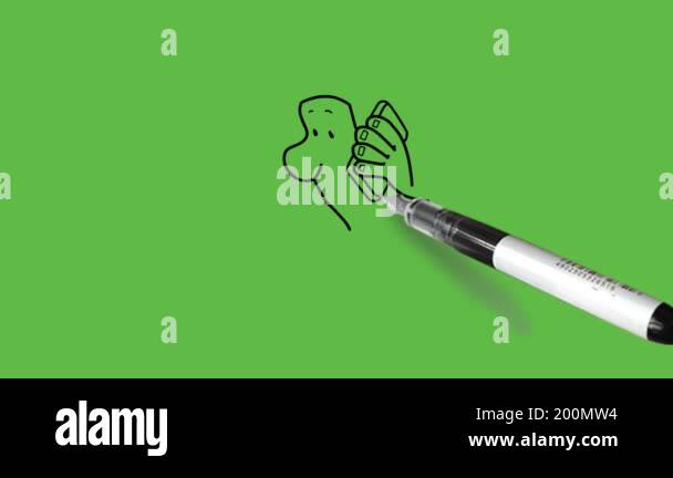 draw standing young man communicate on mobile phone hold in left hand ...