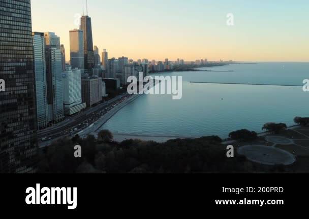 Chicago lakefront skyline at dusk with Lake Michigan. Aerial view of ...