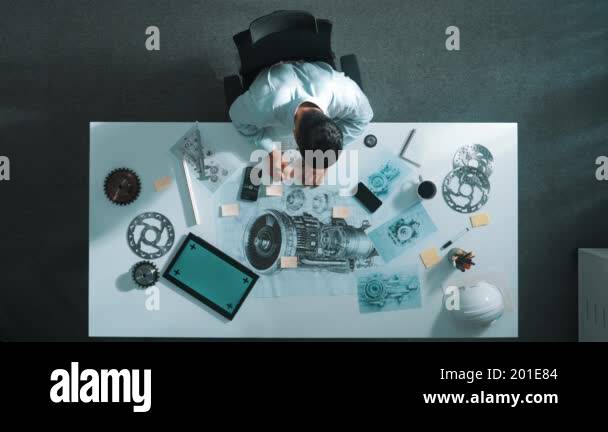 Top down view of skilled engineer writing and planning turbine engine ...