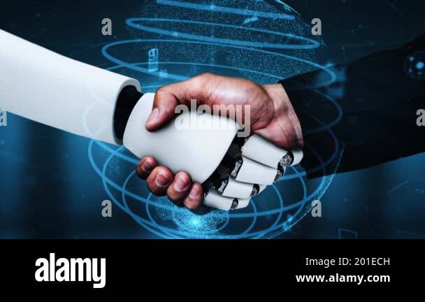 Internet connection controlled by AI robot huminoid and machine learning process to analyze data ...