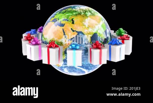 Gift boxes rotation around the Earth Globe, animation seamlessly ...