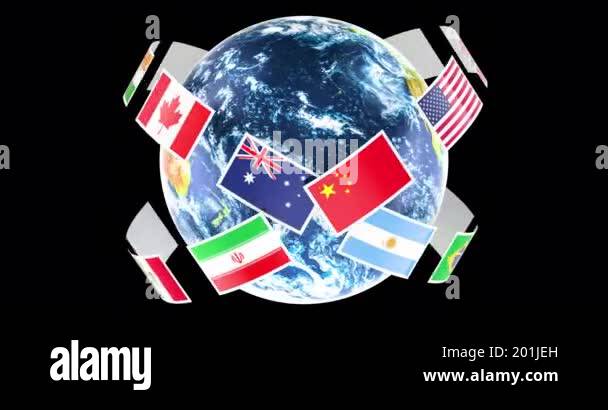 Flags around the Earth Globe. International global communication ...