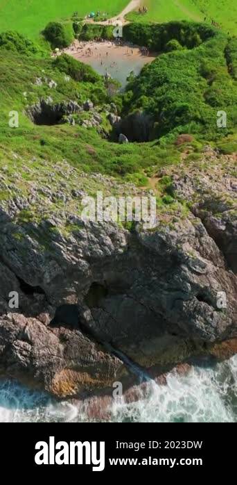 Gulpiyuri beach in Asturias, northern Spain. Aerial view of the unique ...