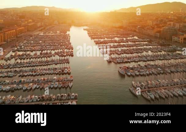 Aerial view of the historic Vieux Port in Marseille at sunrise ...