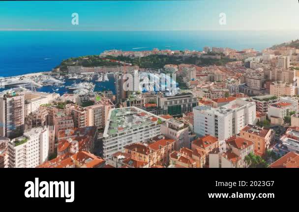 Aerial view of the city center of the Principality of Monaco. The scene ...