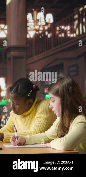 Vertical Video Diverse scholars helping each other finish the homework ...