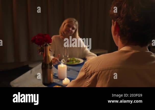 Marriage proposal concept. Couple celebrating valentines day and having ...