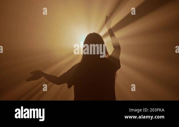 Hand gestures and signs. Woman silhouette standing and moving hands ...