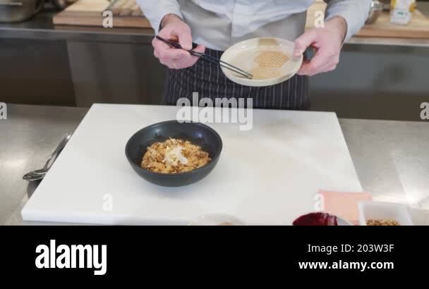 Chef Cook Prepares Delicious Dessert at Restaurant. Slow motion 60 fps ...