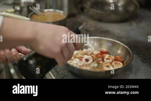 Process of Preparation of Meat Dishes by Chef Cook at Restaurant ...