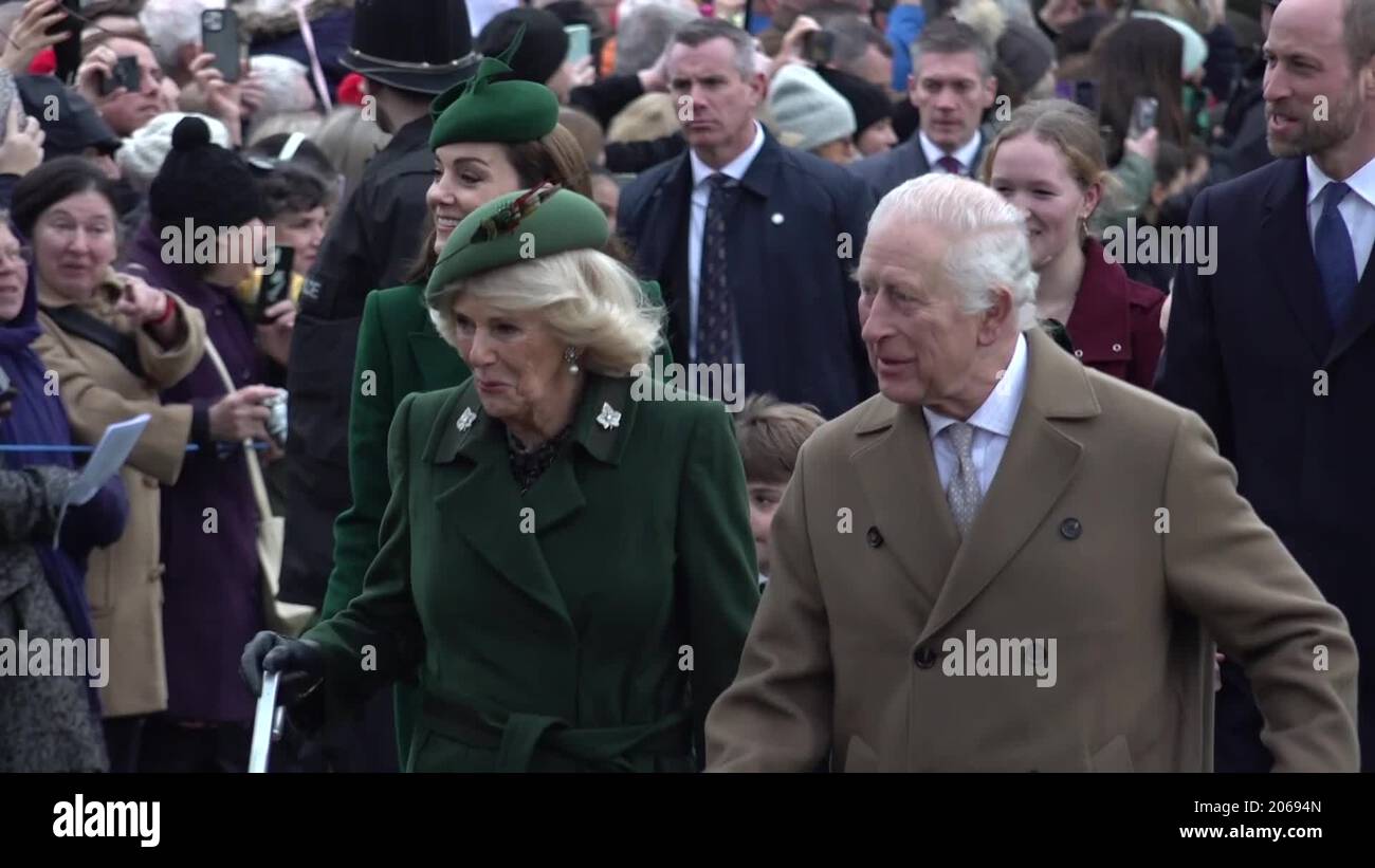 Royal family arrive for church service in Sandringham Stock Video ...