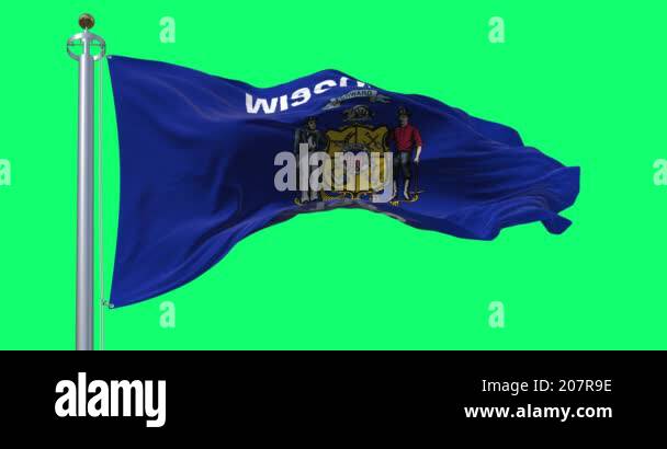 Close-up of Wisconsin state flag waving in the wind isolated on green ...