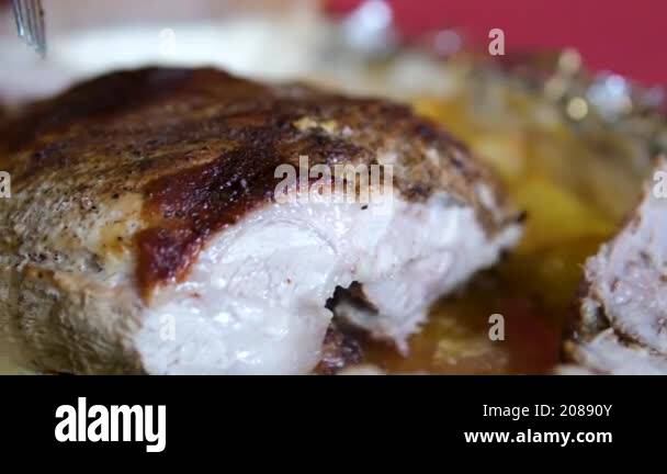 Closeup shot restaurant chef cut raw meat hands cutting, slicing ...