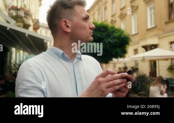 Male tourist guy Caucasian man businessman male traveler exploring city ...