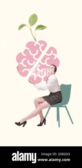 Young woman holding brain with growing plant, symbolizing mental ...