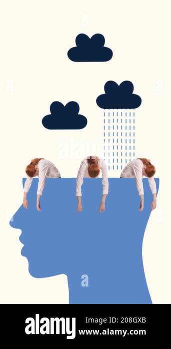 Overwhelmed by thoughts. Woman leaning over abstract head under clouds ...