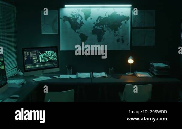 Full shot of workplace of investigation or intelligence agent at ...