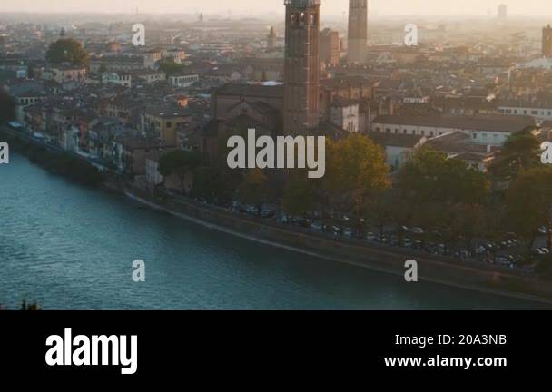 Aerial view of Verona old town on Adige river with Basilica di Santa ...