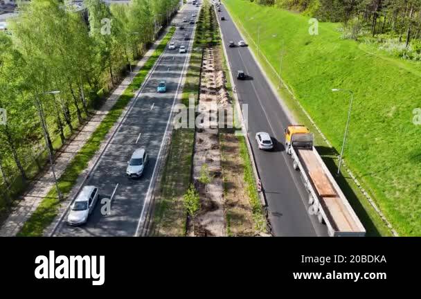Aerial view of a divided highway with cars traveling in both directions ...