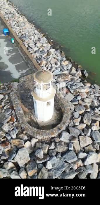 seaport lighthouse ships tourist pirate ship drone view fpv. High ...