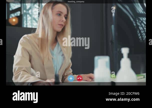 Young Smart Office Executive Woman Joining Skype Video Chat Meeting Virtual Company Conference ...