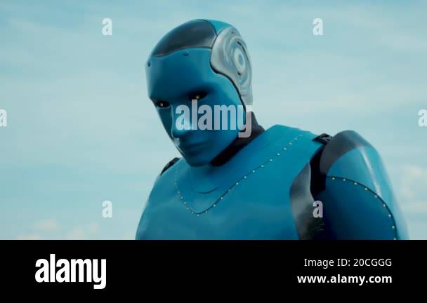 Future technology. Cyborg. Blue futuristic cyber droid robotic humanoid ...