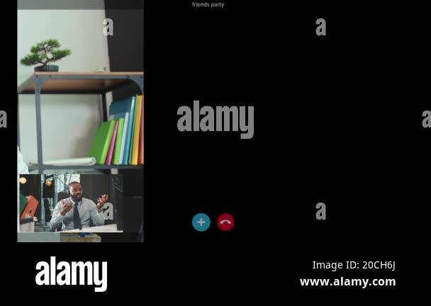 Face group using video conferencing technology in office with headphone ...