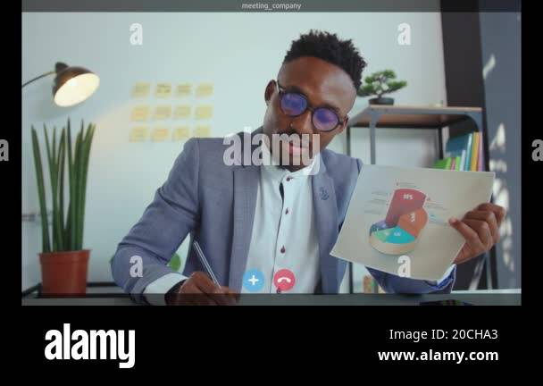 Close up shot of screen african american businessman making conference ...