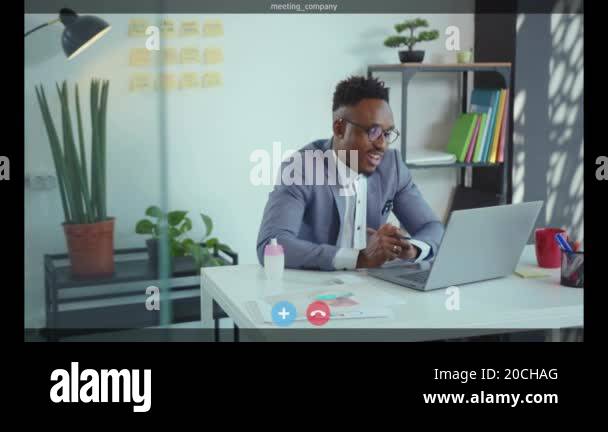 Close up shot of screen african american businessman making conference ...