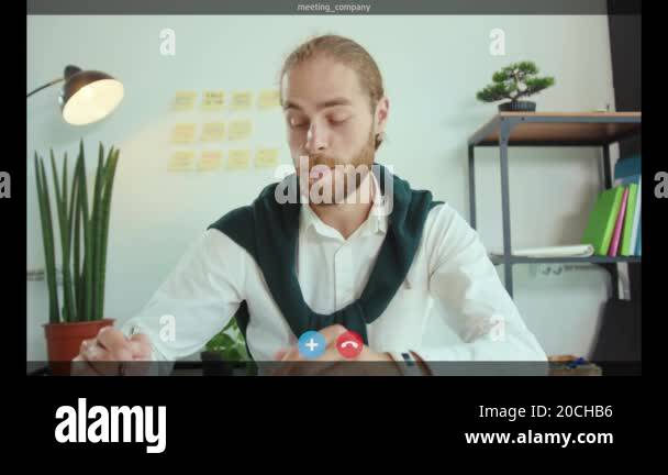 Shot of screen attractive businessman making conference video call ...